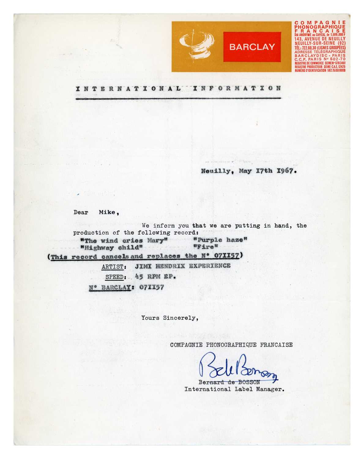 Lot 35 - Jimi Hendrix 1967 Barclay Record Label Letter