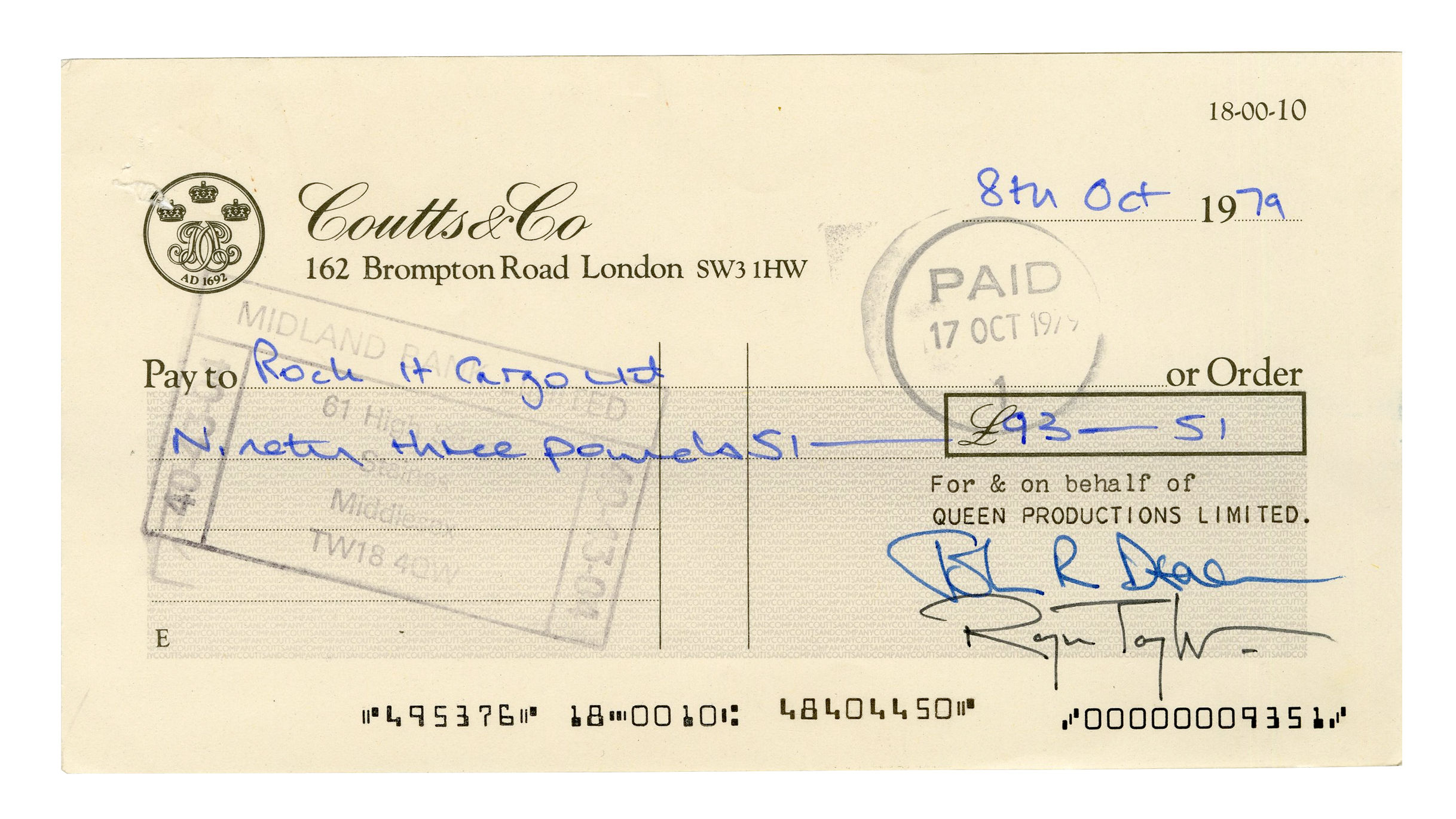 Lot 64 - Queen 1979 Signed Coutts & Co London Cheques