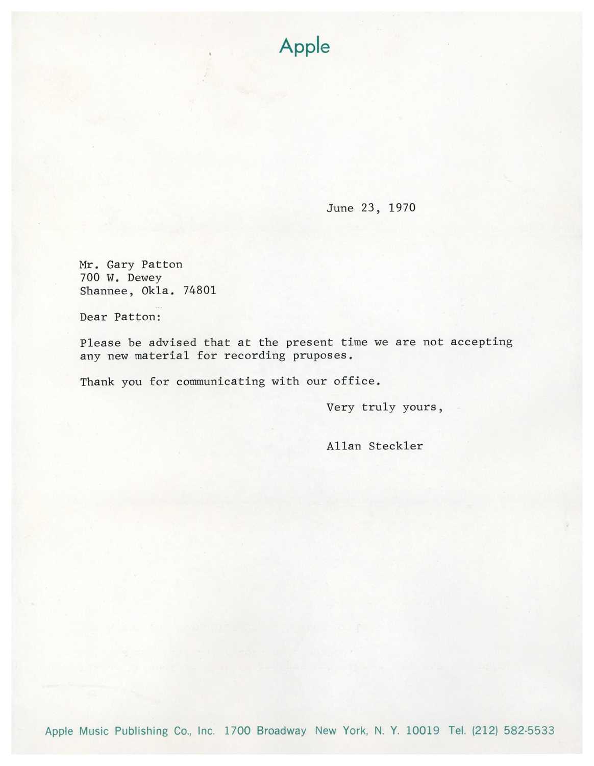 Lot 1 - Apple Music Publishing Company Letter And