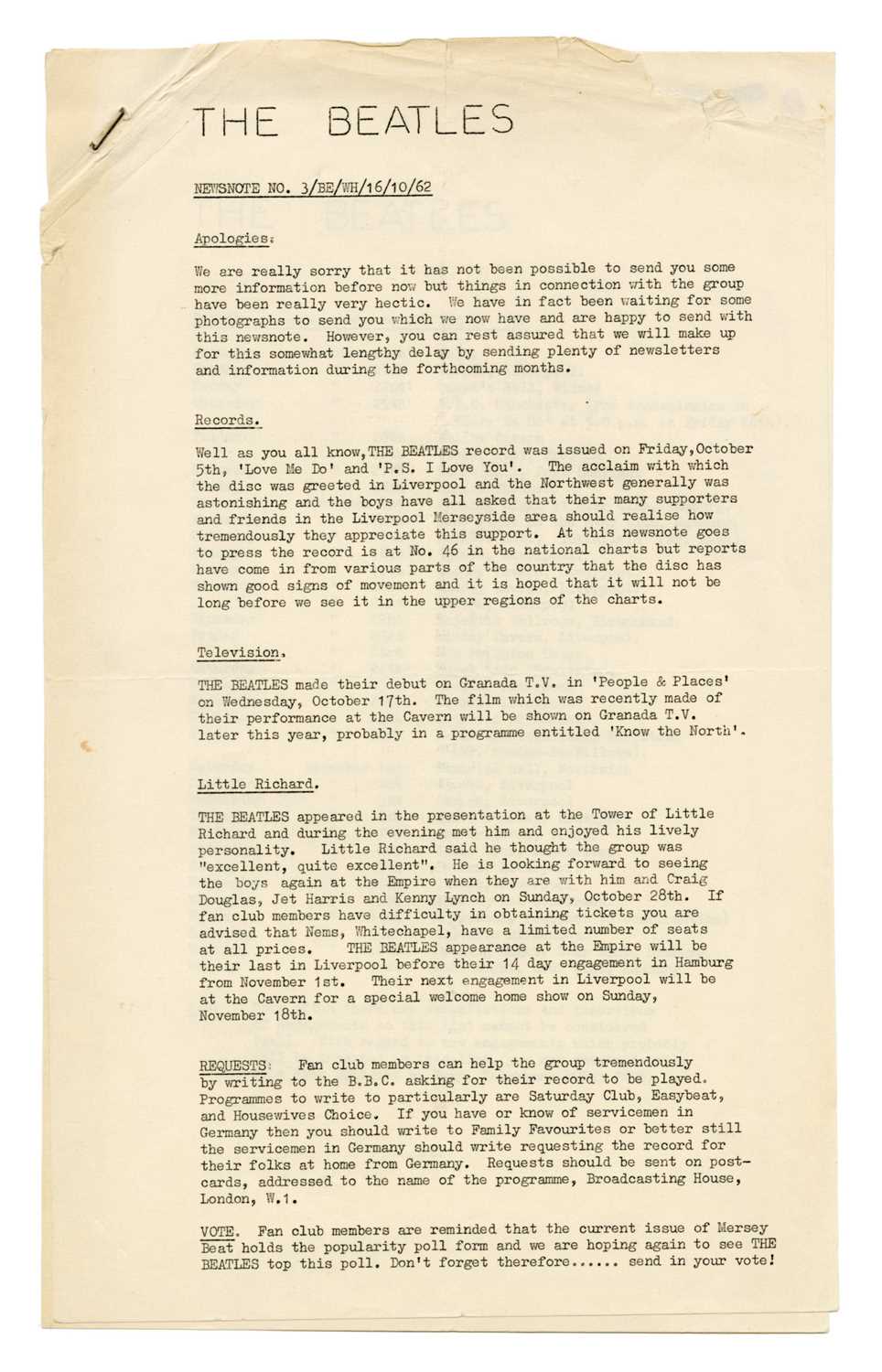 Lot 45 - The Beatles Fan Club Newsletter And Itinerary